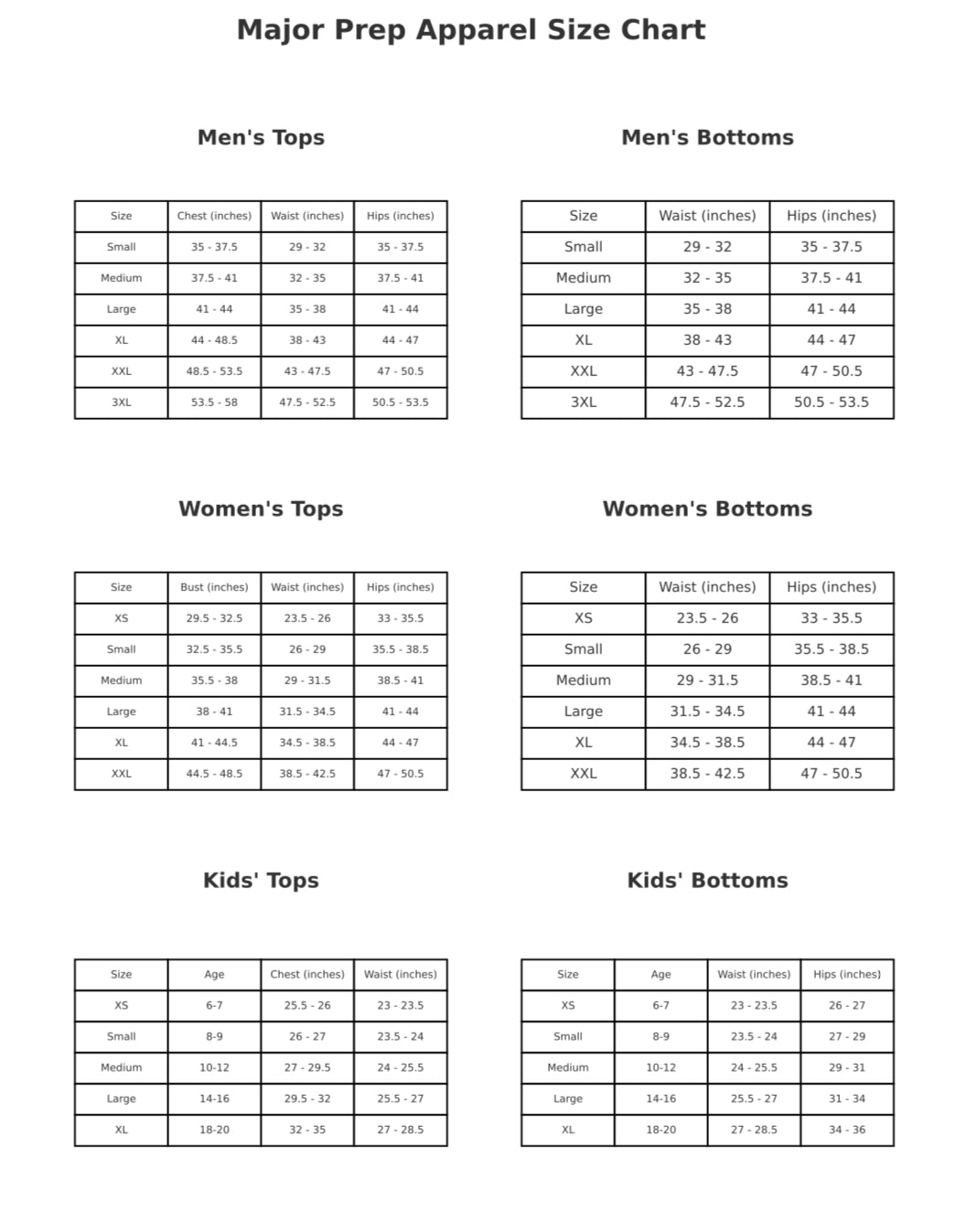 MP Size Chart – Major Prep Apparel